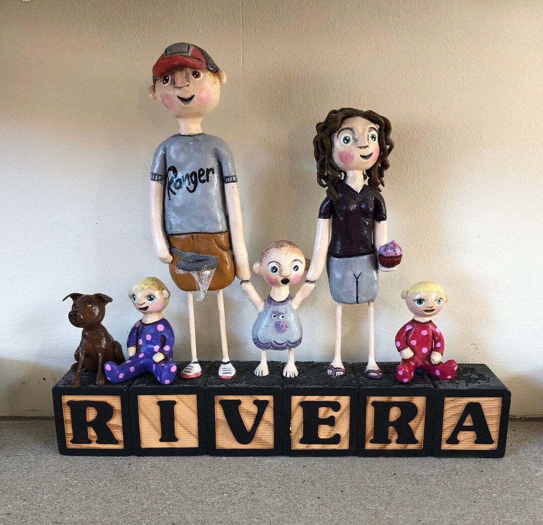 Family Portrait of FOUR Clay Folk Art Sculpture on Letter Blocks Based ...