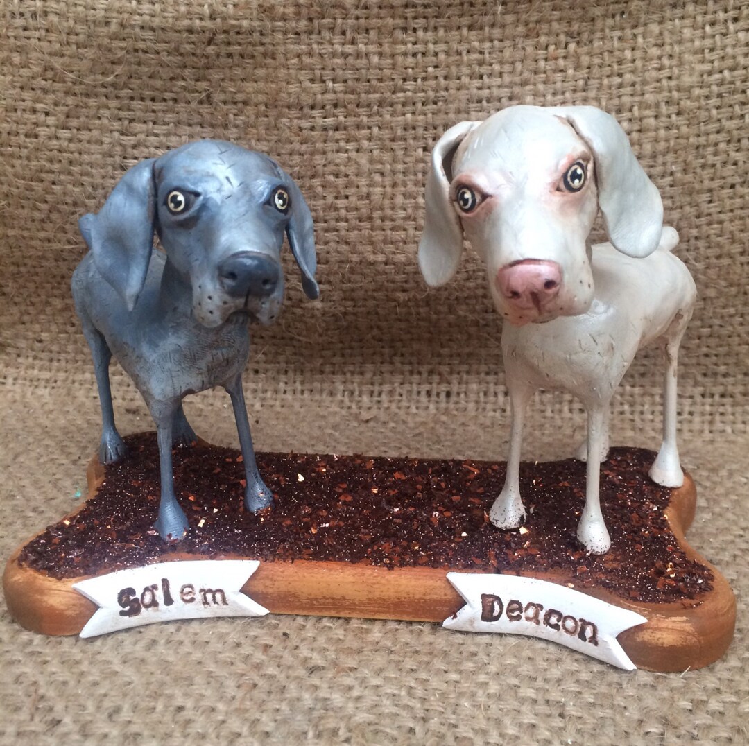Two Customized Pet Dogs Clay Folk Art Sculpture on Wooden Bone Base Pet ...