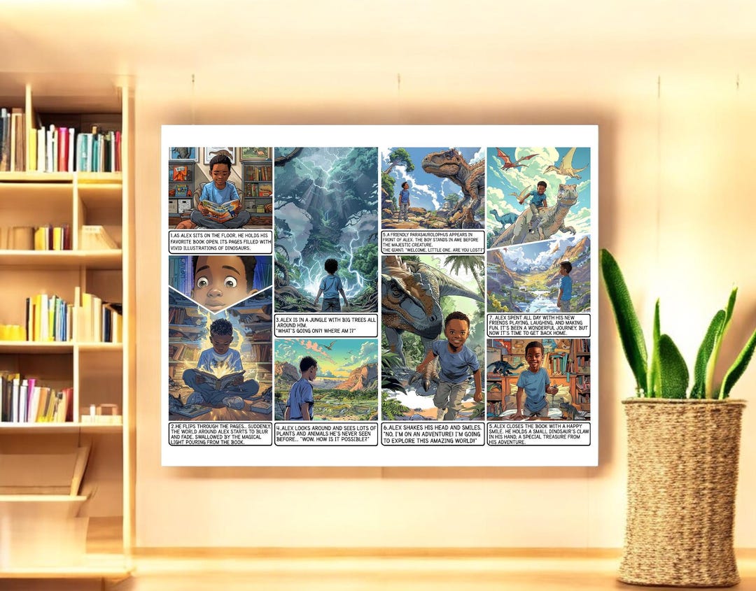 Bespoke Dinosaur Comic Poster, Digital Personalized Story Illustration ...