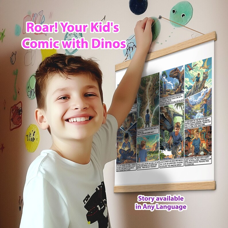 Custom Dinosaur Comic Poster for Kids, Personalized T-rex Wall Art ...