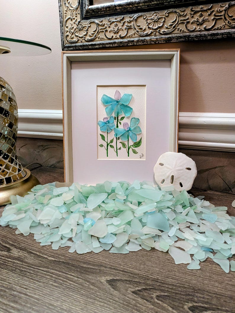 Sea Glass Art, Turquoise Blue Seaglass Flowers ,framed Coastal Beach ...