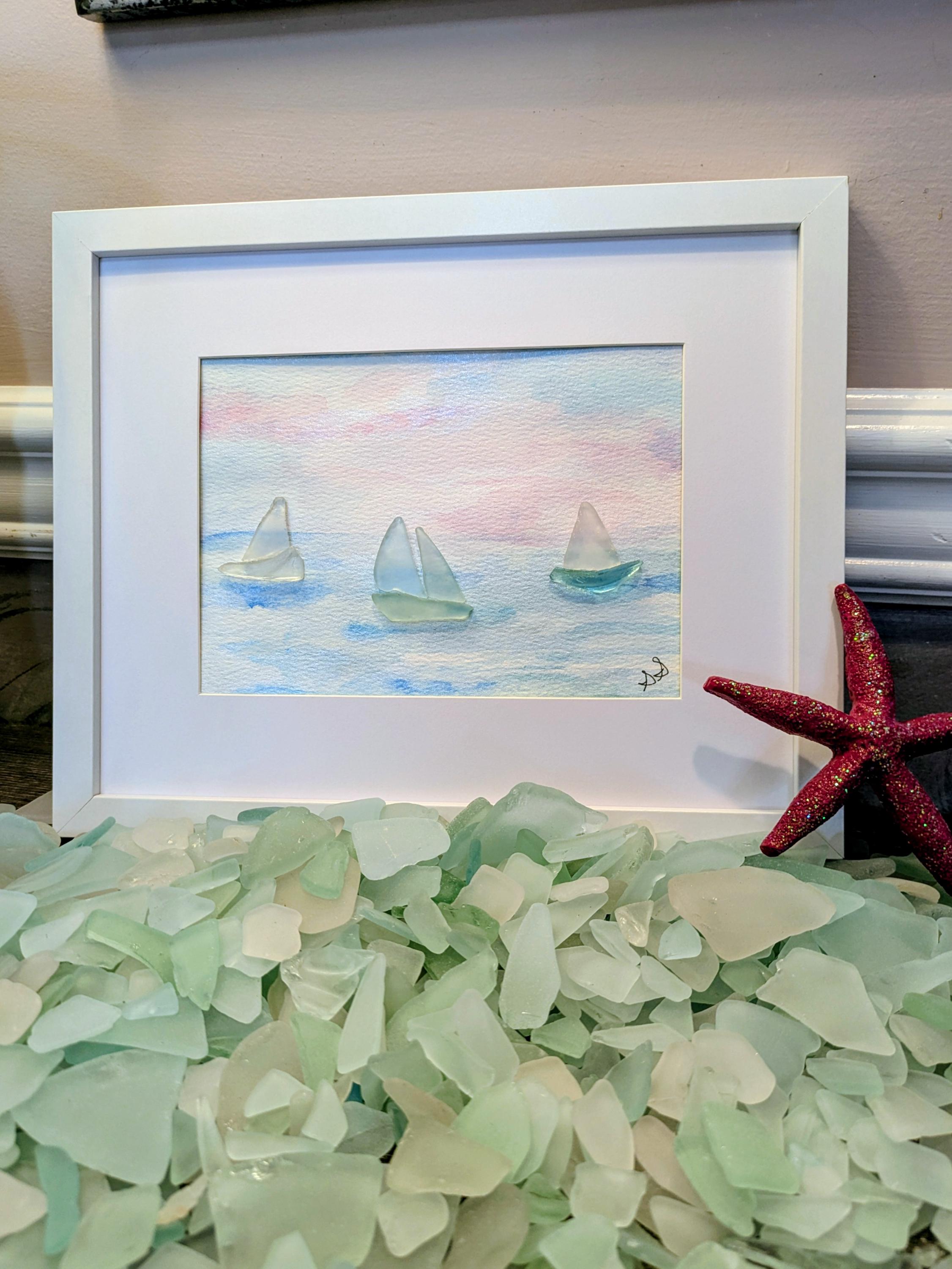 Sea Glass Sailboat Art, Hand Painted Watercolor, Framed Nautical Scene ...