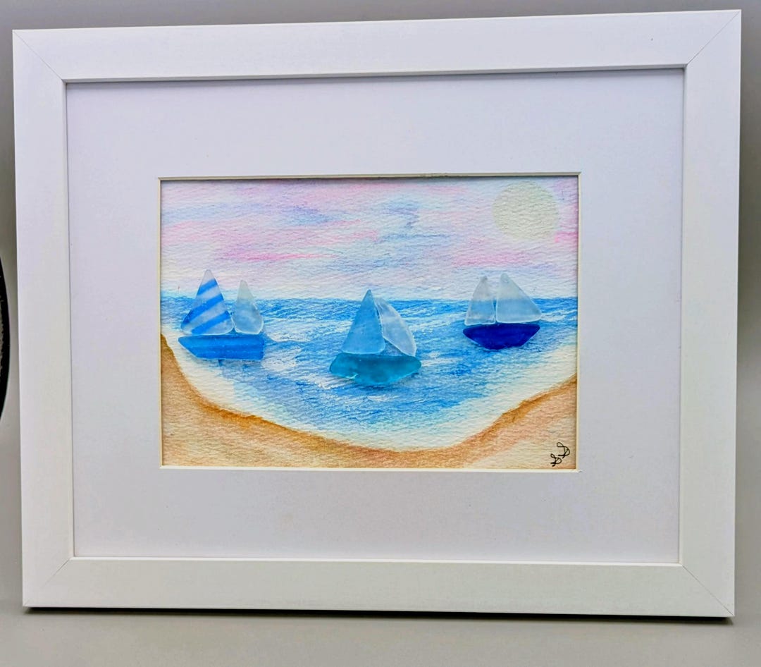 Sea Glass Wall Hanging ,sailboat Art: Framed Nautical Beach Scene With ...