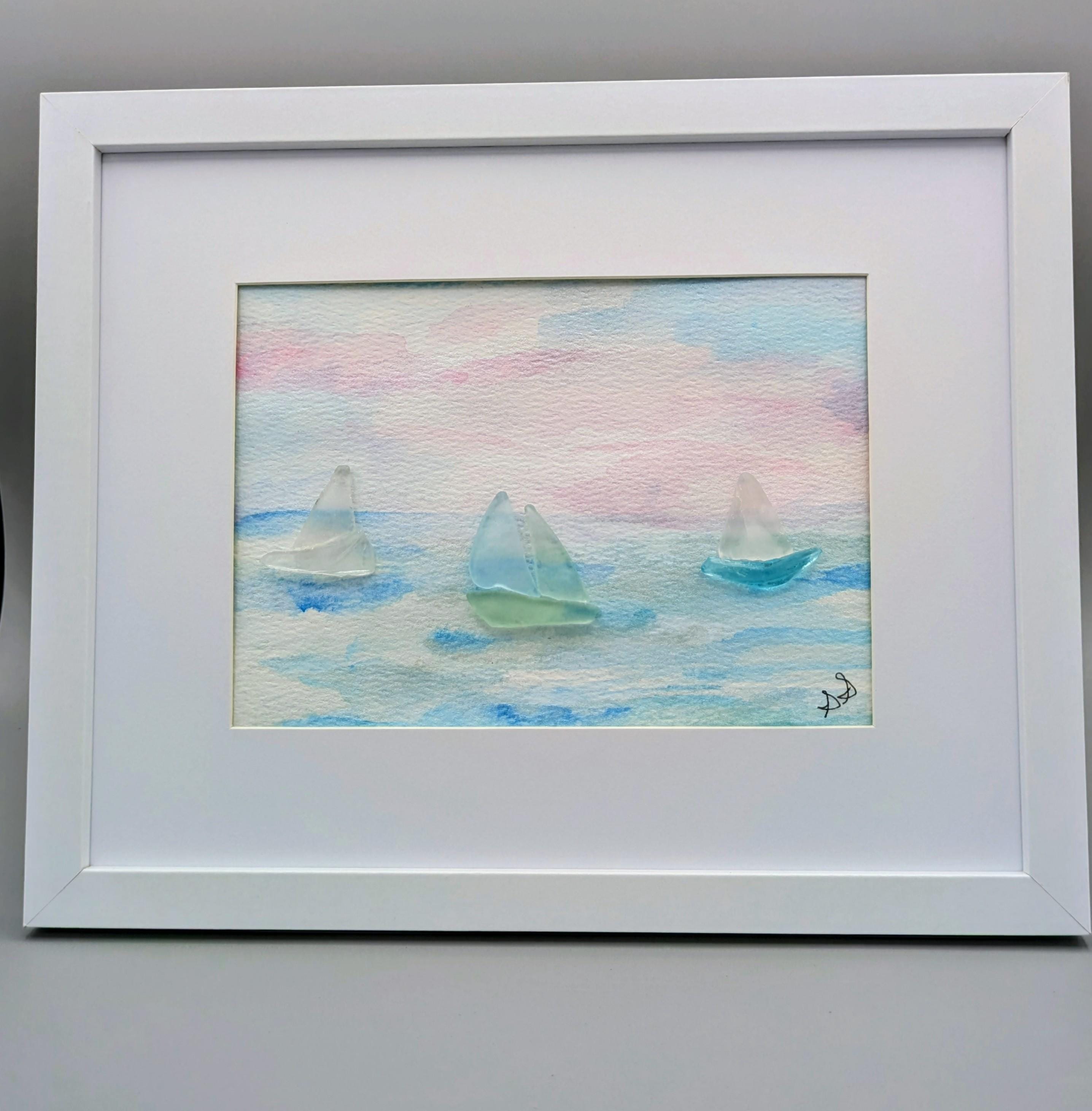 Sea Glass Sailboat Art, Hand Painted Watercolor, Framed Nautical Scene ...