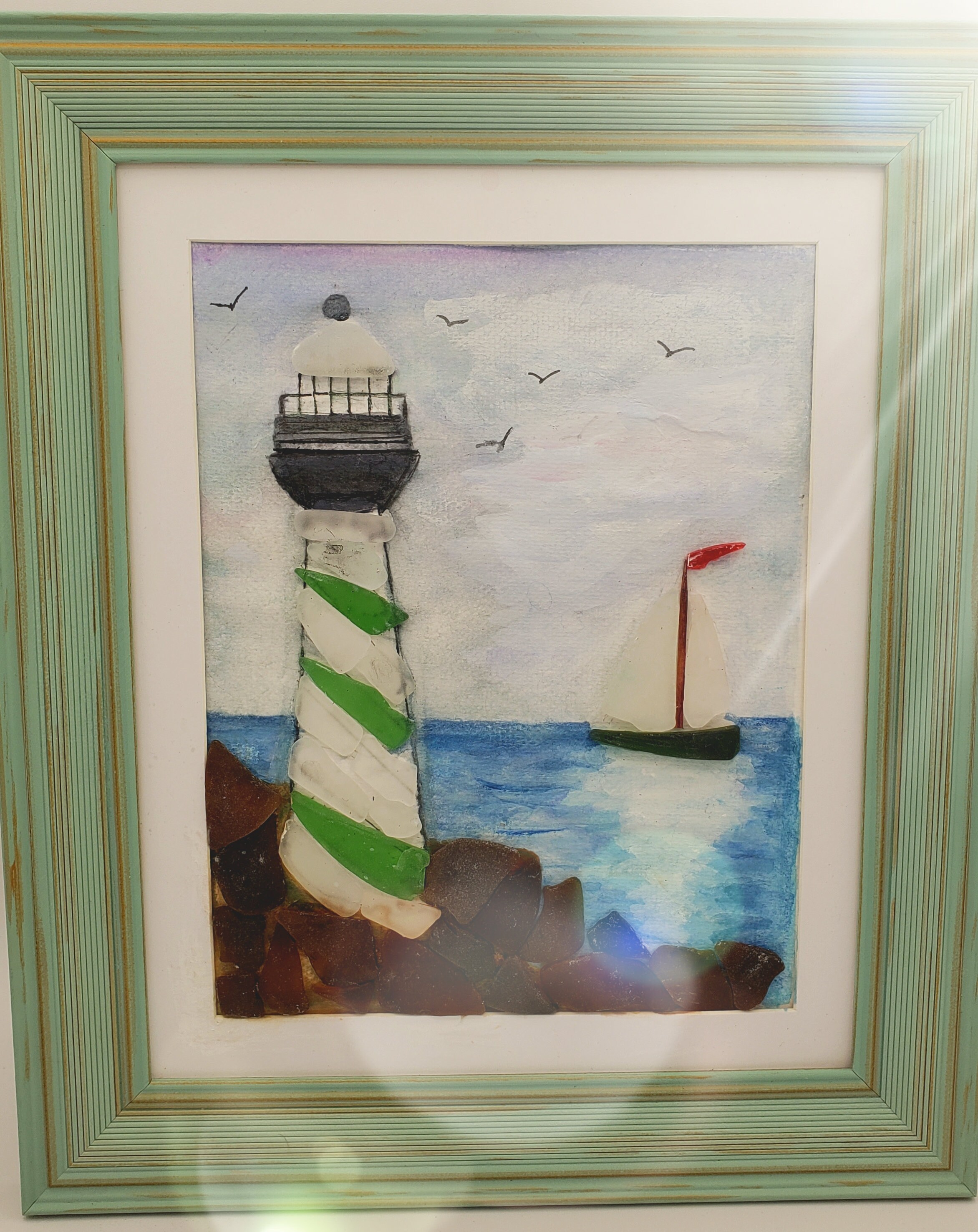 Sea Glass Lighthouse Wall Hanging. Coastal Beach Scene. Genuine ...