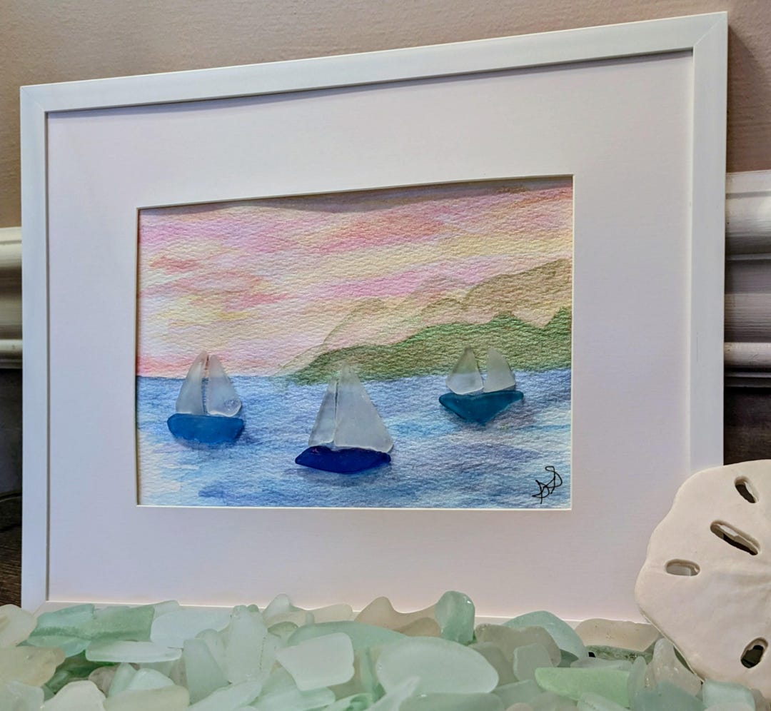 Sea Glass Sailboat Art, Framed Nautical Beach Scene, Watercolor ...