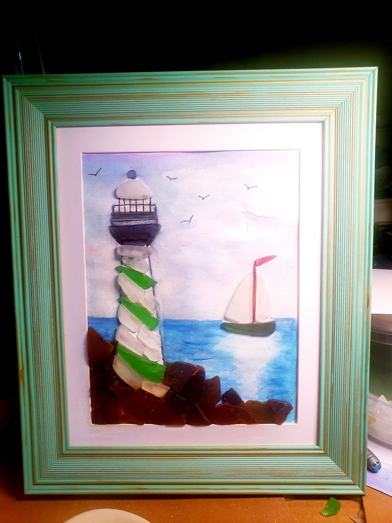 Sea Glass Lighthouse Wall Hanging. Coastal Beach Scene. Genuine ...