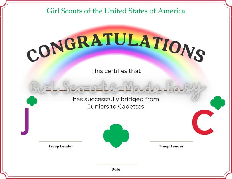 Girl Scout Bridging to Cadettes Certificate - Etsy