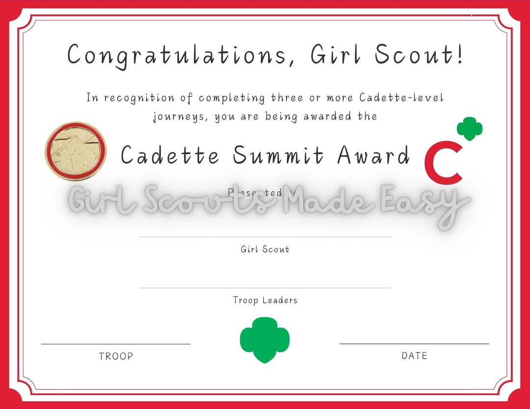 Girl Scout Cadette Summit Award Certificate - Etsy