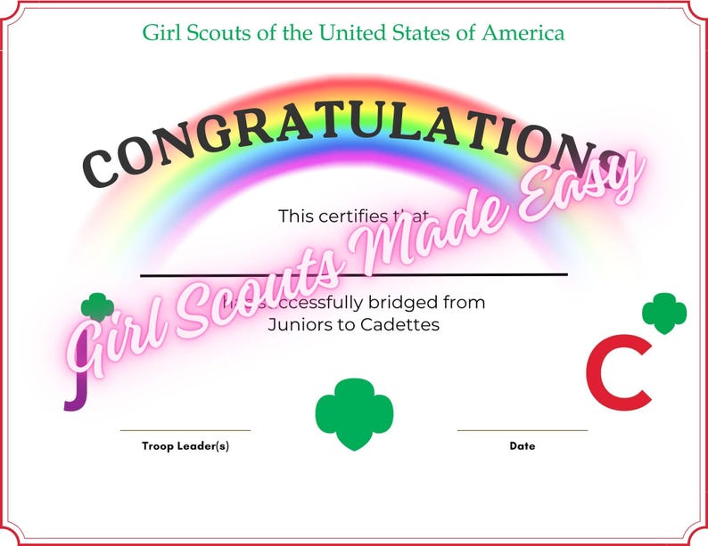 Bridging to Cadette – Girl Scout Certificate - Etsy