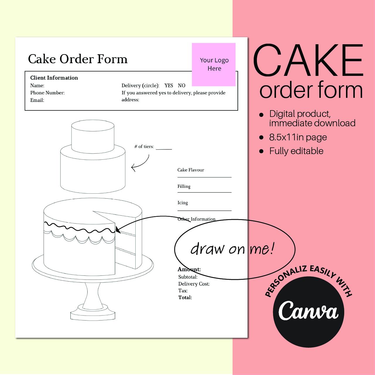Cake Order Form, Canva Template Easy to Edit and Personalize, for Small ...