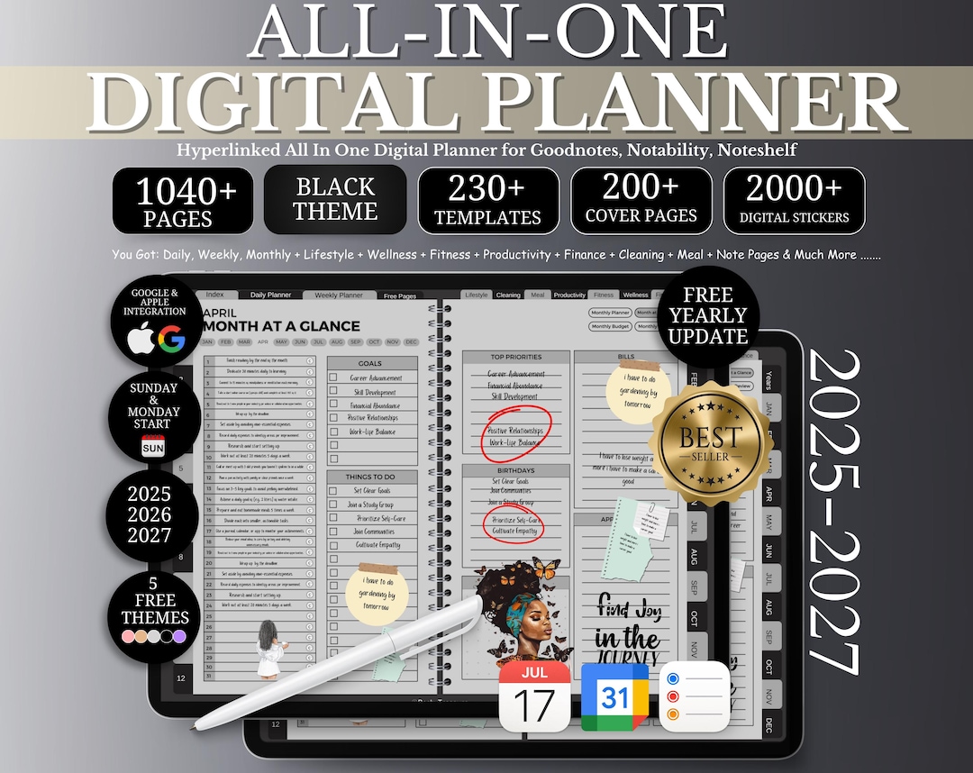 All in One Digital Planner 2025 - 2027, Dark Theme Hyperlink Digital ...