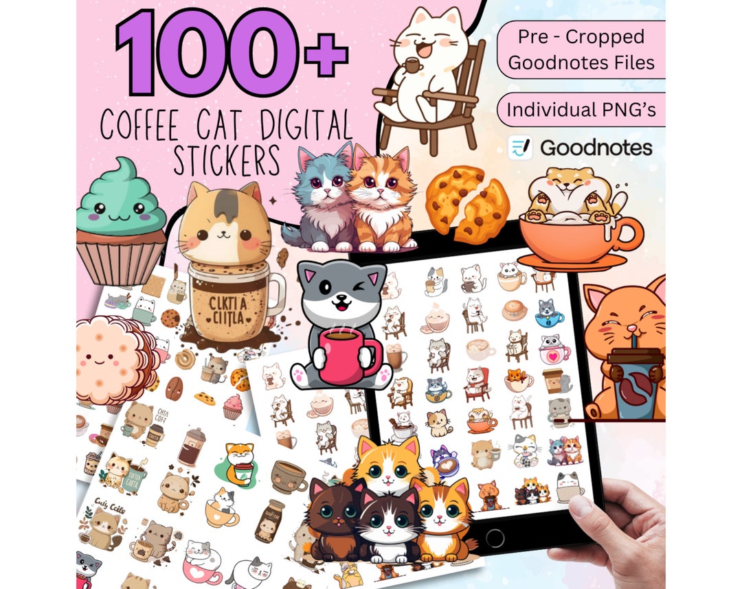 100 + Coffee Cat Digital Stickers Bundle, Planner Stickers for ...