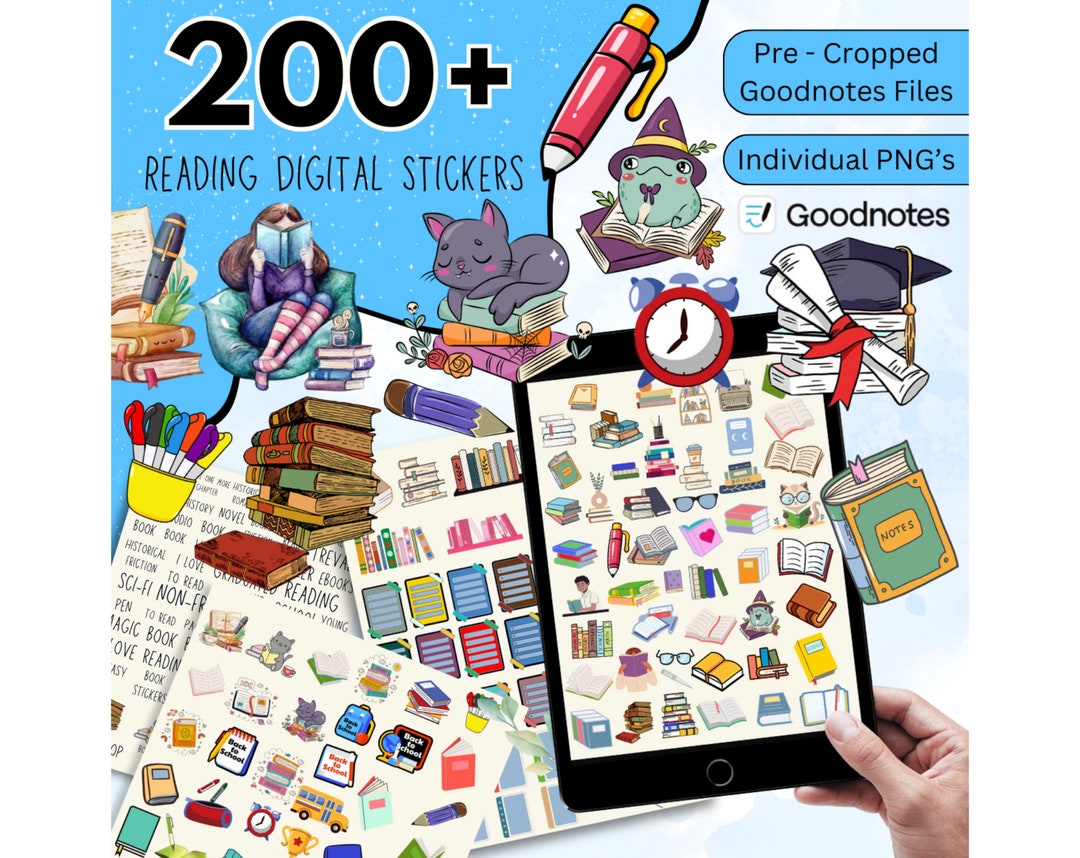 200 Reading Digital Stickers, Book Lover Digital Stickers, PNG Reading ...