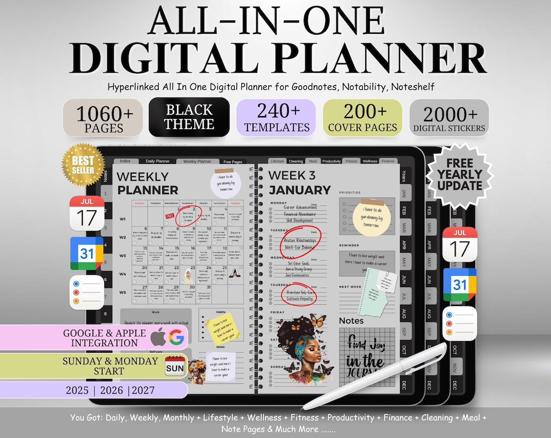 All in One Digital Planner 2026 - 2028, Dark Theme Hyperlink Digital ...