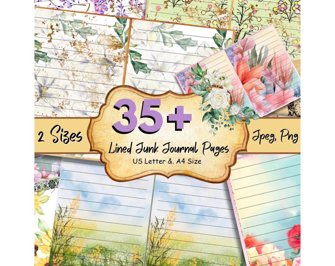 35 + Lined Journal Paper, Floral Junk Journal Pages, Vintage Journal ...