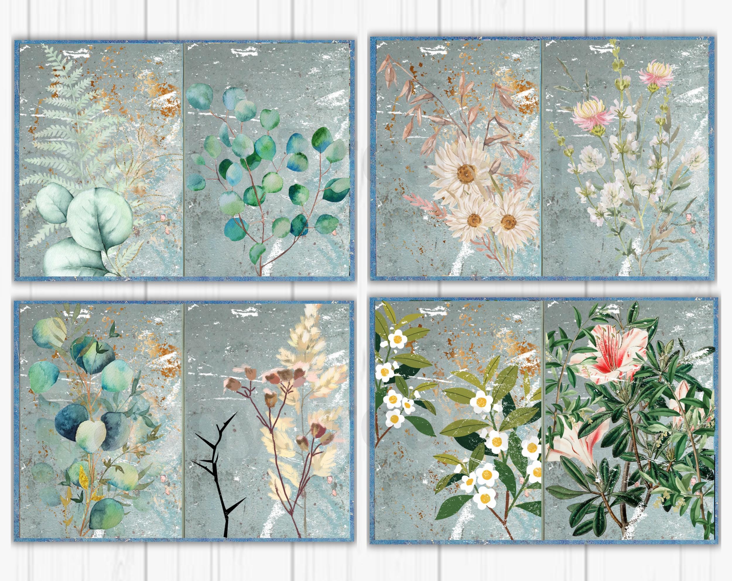 20 + Blue Junk Journal Pages, Blue Scrapbooking Paper, Rustic Blue ...