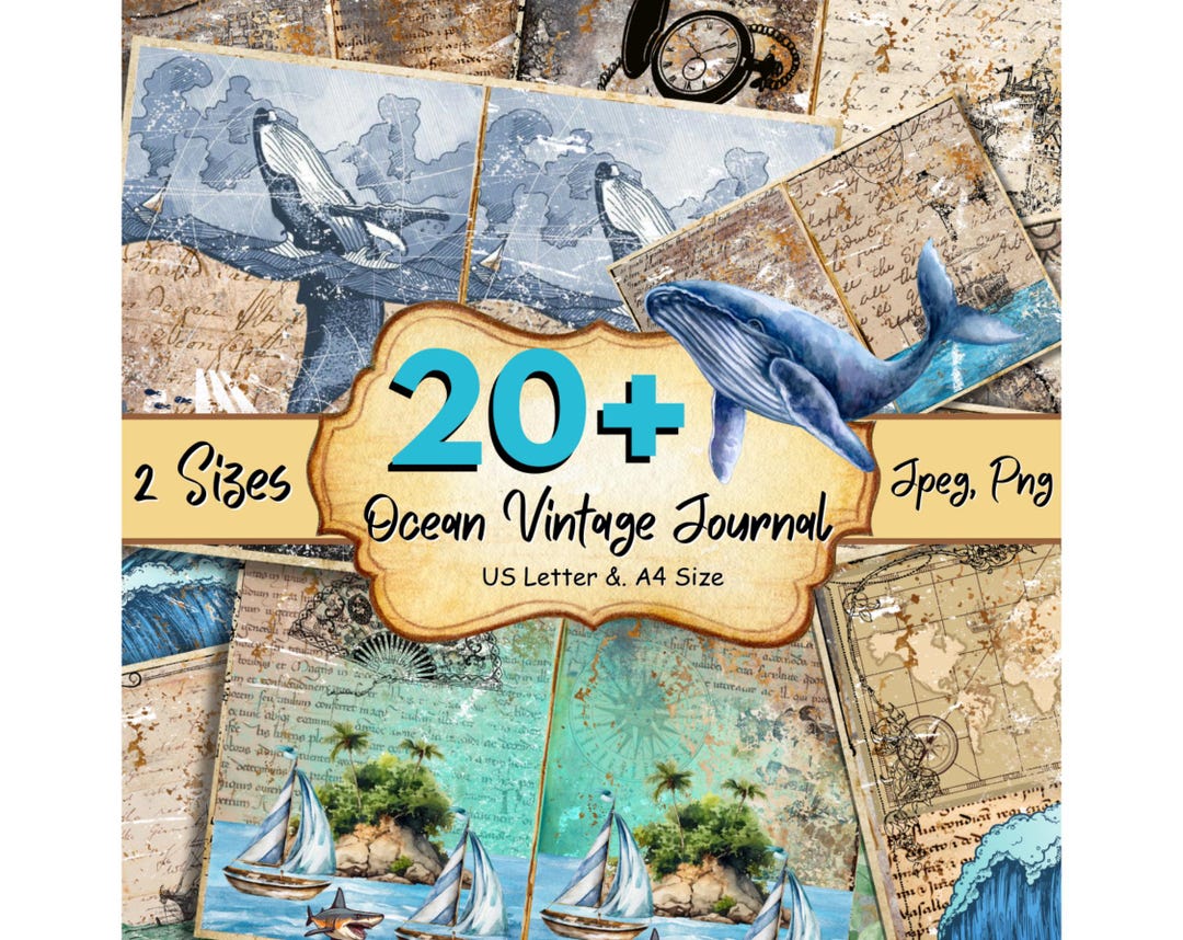 20 + Ocean Vintage Junk Journal Pages Pack, Blue Sea Junk Journal Pages ...