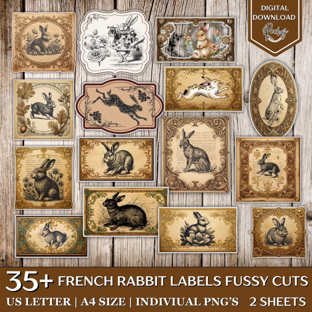 35 + French Rabbit Labels, Vintage Fussy Cuts, Scrapbook Labels, Junk ...