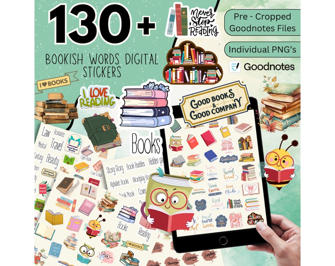 130 + Bookish Word Digital Stickers Pack, Bookworm Digital Stickers ...