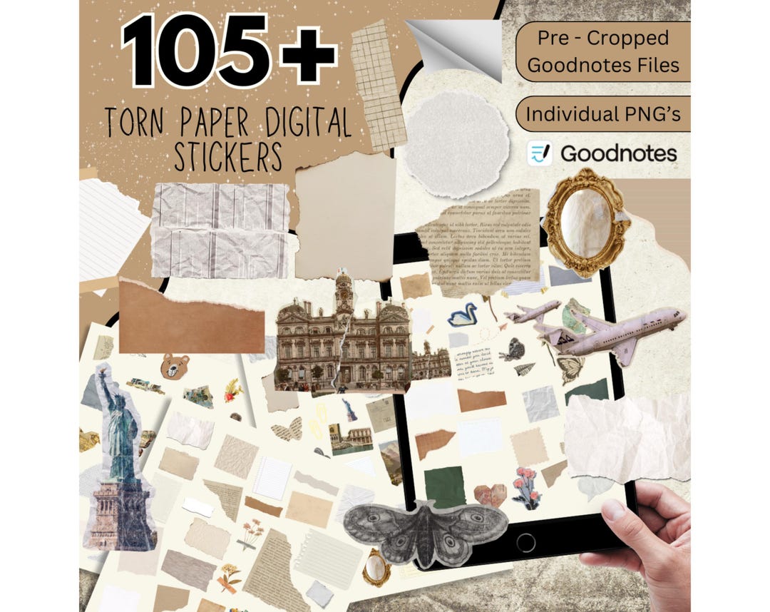 105 + Torn Paper Digital Stickers Pack, Digital Sticky Notes, Journal ...