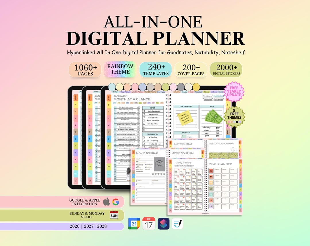 All-in-one Digital Planner 2026 2027 2028, Hyperlink Digital Planner ...