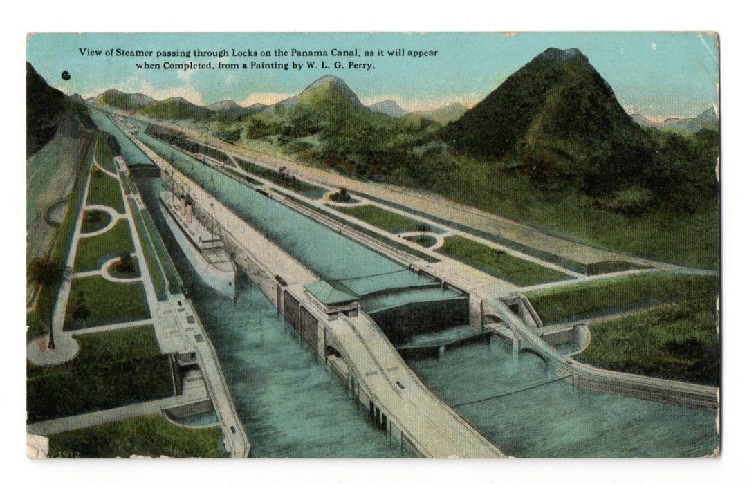 Two Vintage Postcard(s), Panama Canal, Perry Painting and RR Station ...