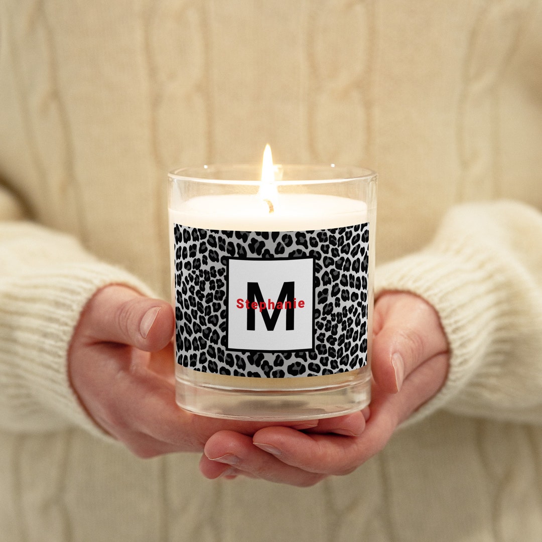 Snow Leopard With Monogram Glass Jar Soy Wax Candle - Etsy