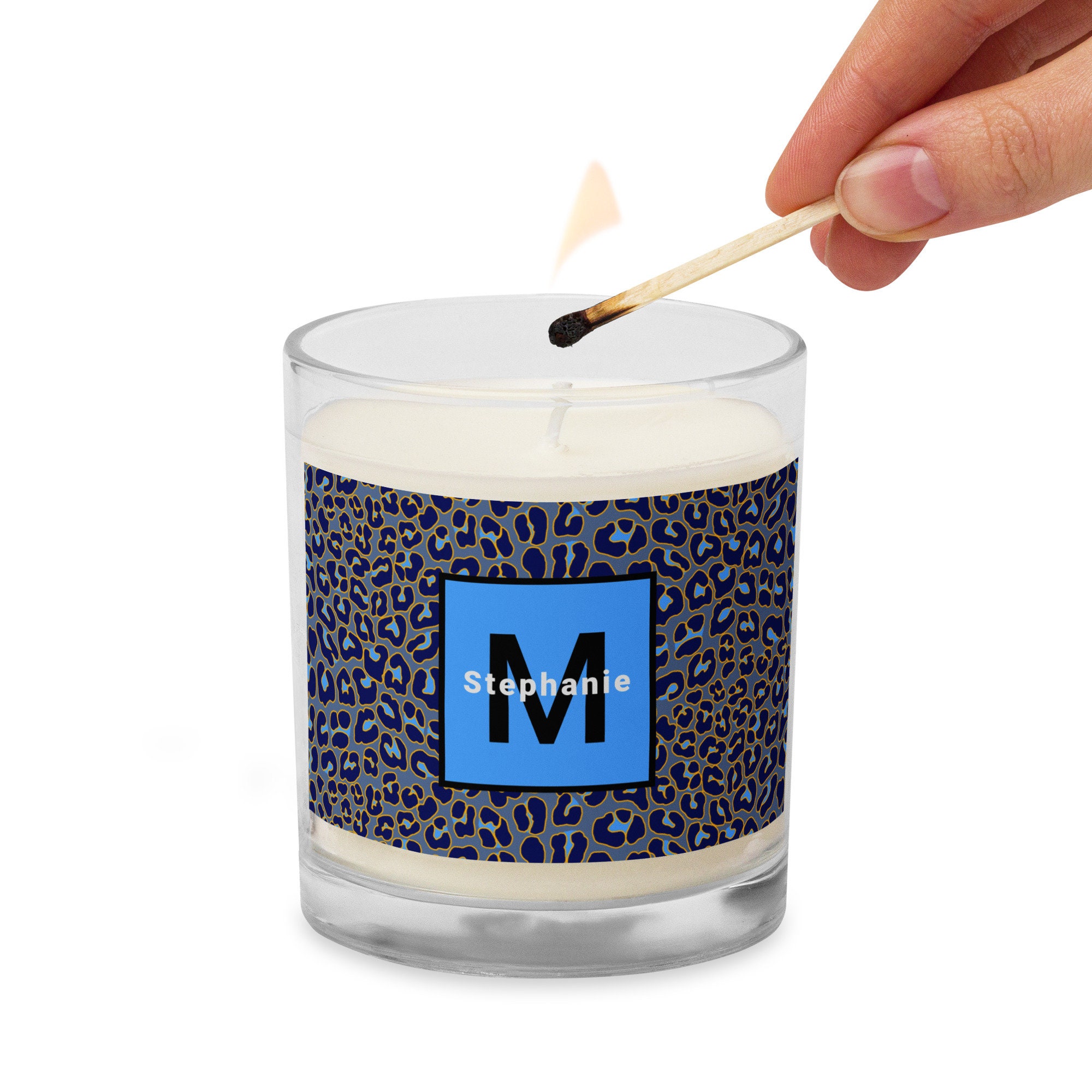 Blue Leopard Print With Monogram Glass Jar Soy Wax Candle - Etsy