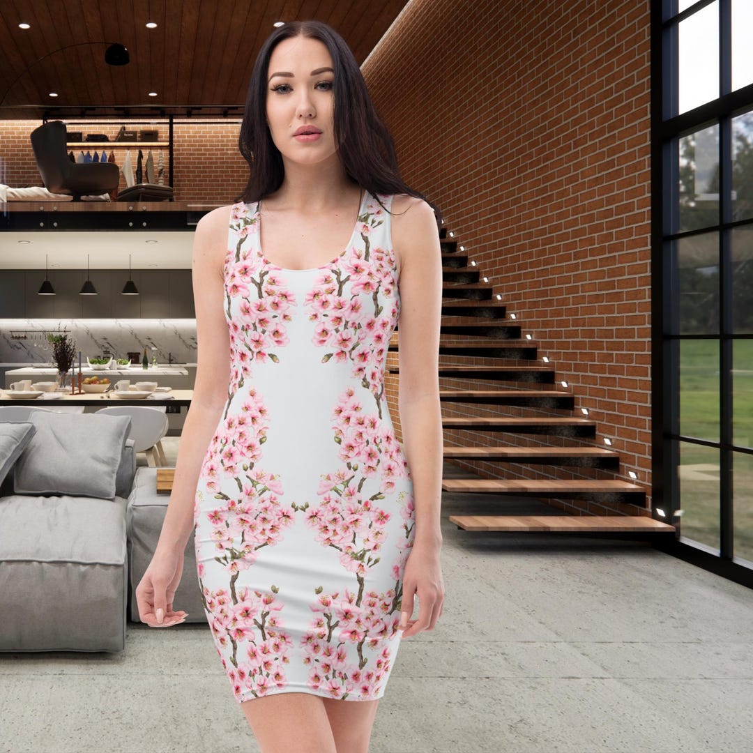 Elegant Spring Cherry Blossom Fitted Bodycon Dress - Pink Ivory Floral ...