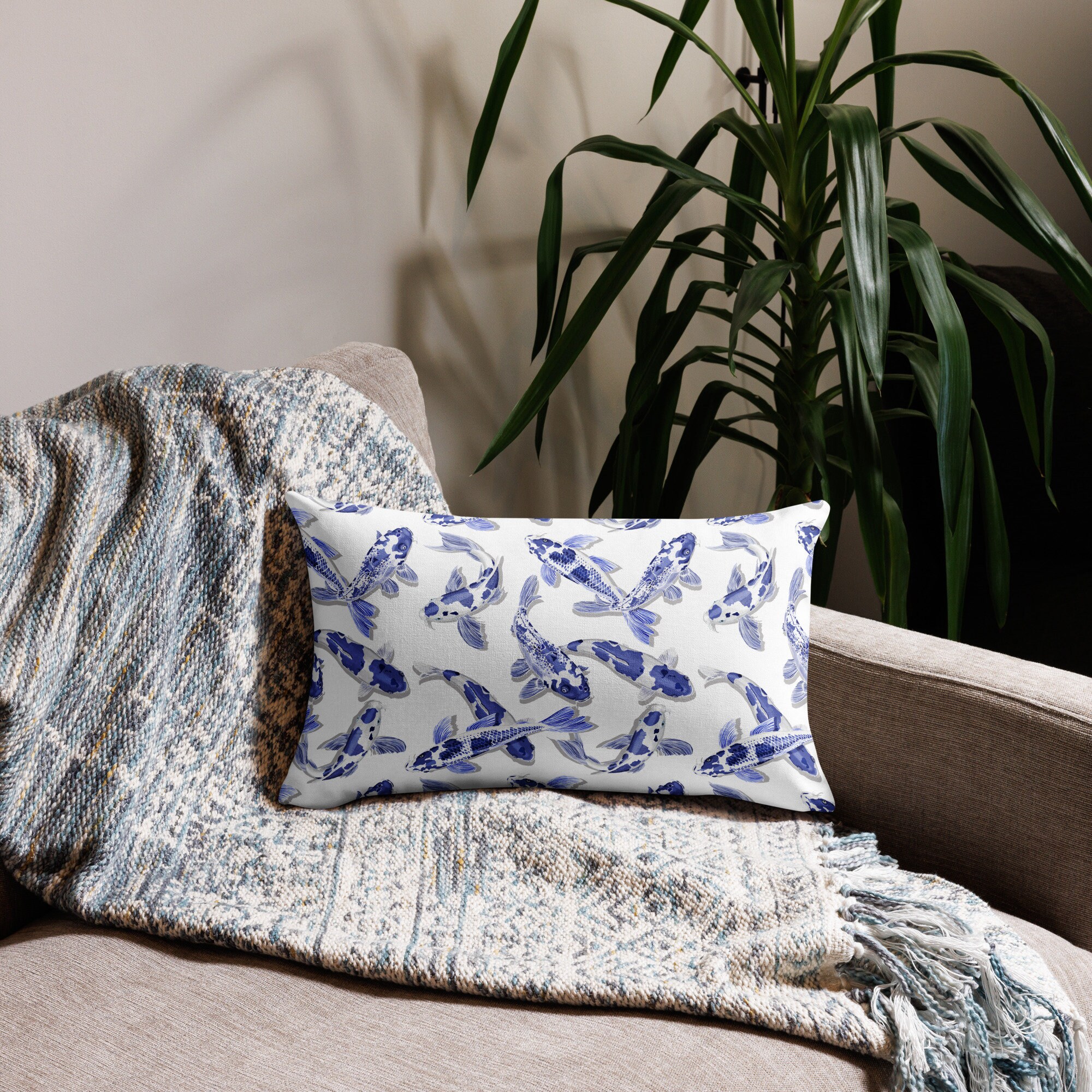 Deluxe Blue White Koi Fish Designer Cushion - Etsy