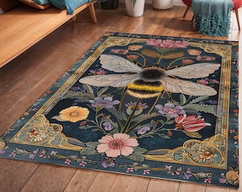 Cottagecore Bumblebee Area Rug, Floral Kitchen Floor Carpet, Bee Lover ...