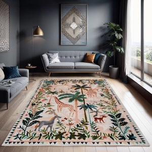 Jungle Animals Area Rug, Kids Bedroom Art Deco Rug, Safari Vibe Living ...