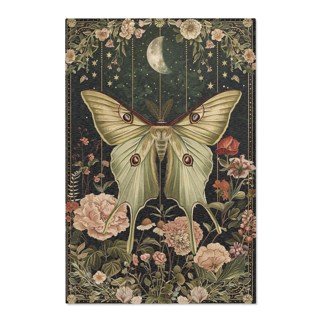 Green Luna Moth Area Rug, Aesthetic Living Room Art Deco Rug ...