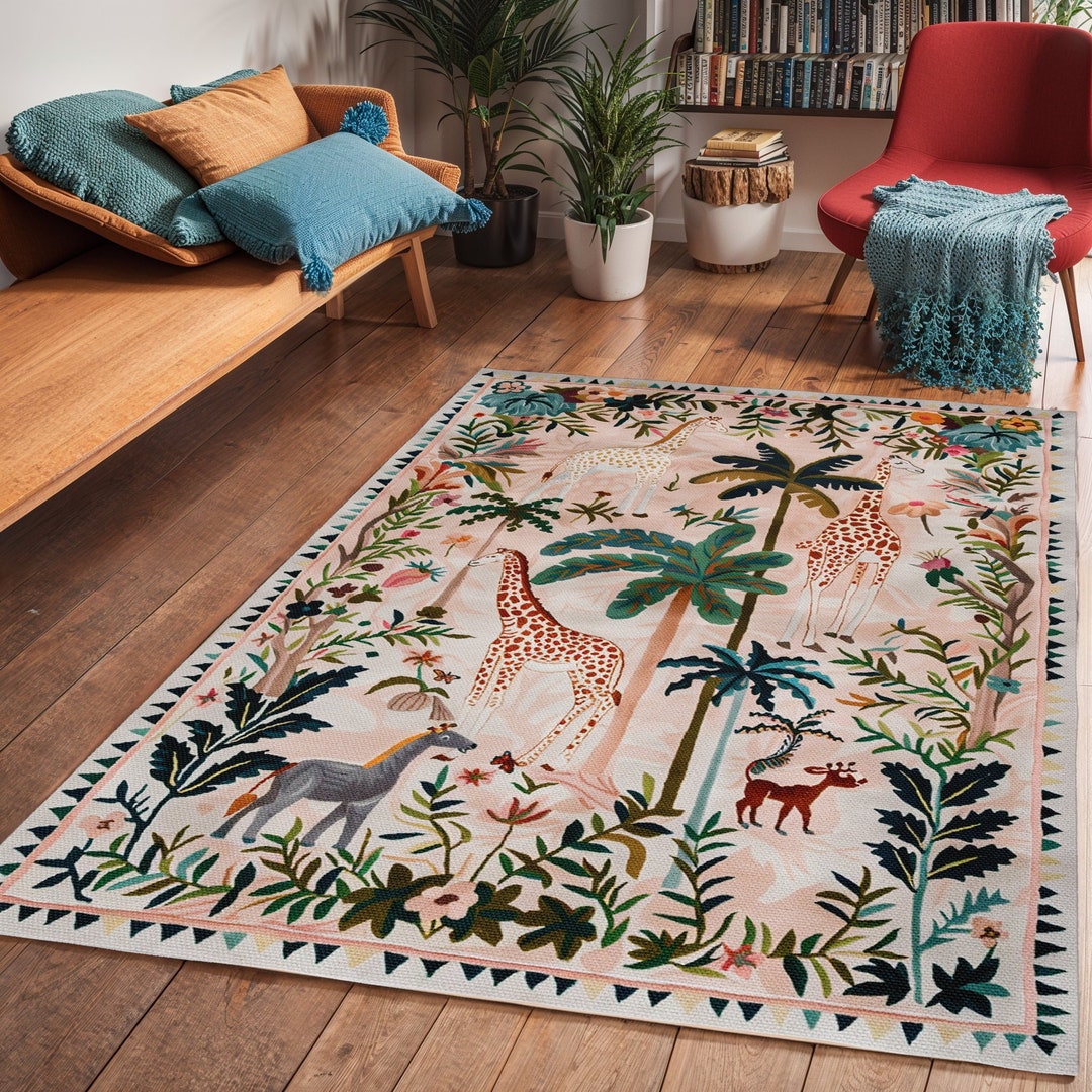 Jungle Animals Area Rug, Kids Bedroom Art Deco Rug, Safari Vibe Living ...