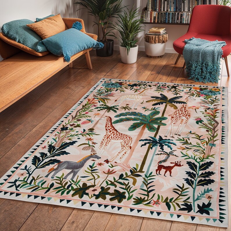 Jungle Animals Area Rug, Kids Bedroom Art Deco Rug, Safari Vibe Living ...