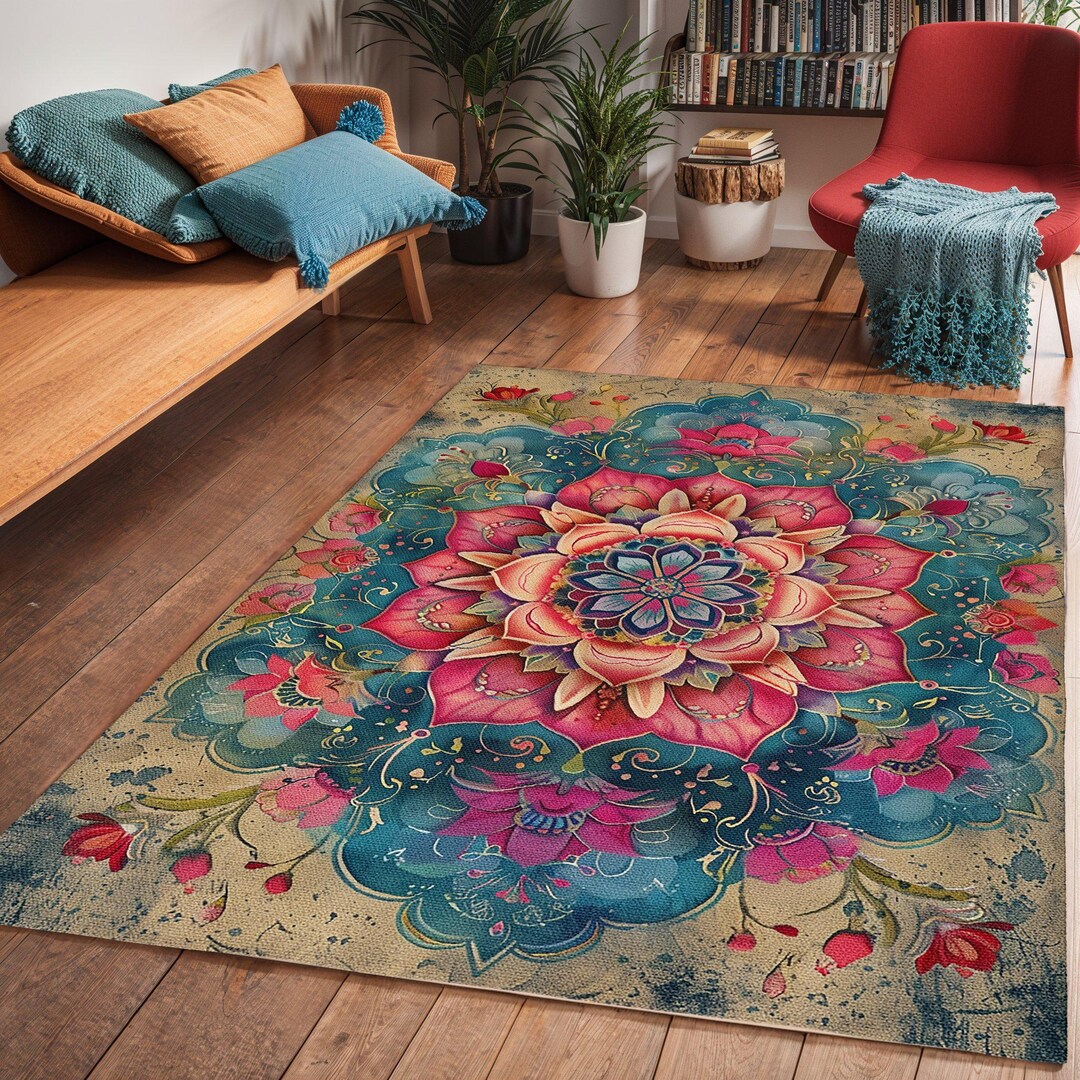Floral Mandala Area Rug: Colorful Modern Floor Decor - Etsy
