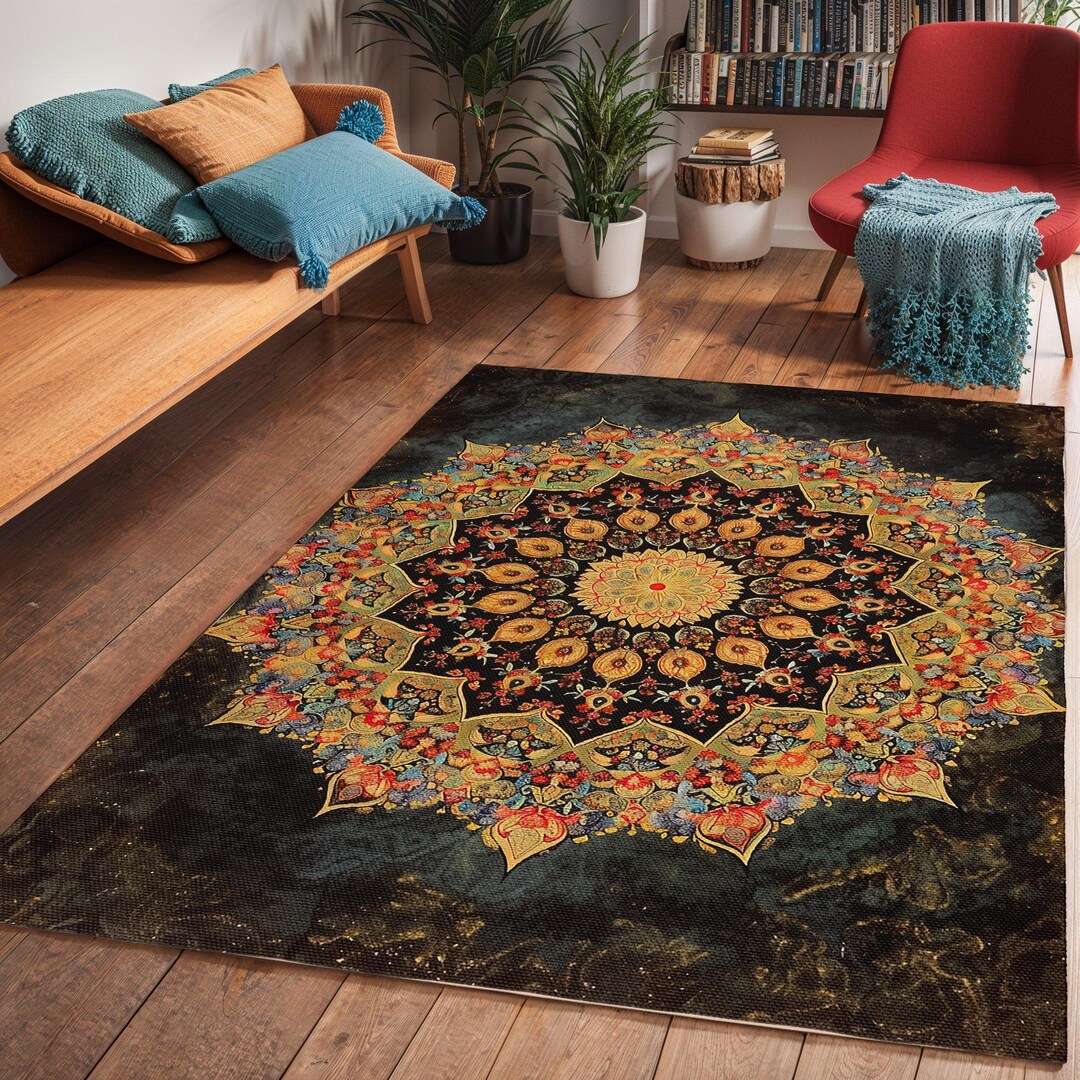 Rustic Moroccan Mandala Fusion Area Rug, Mancave Floor Art Deco Rug ...