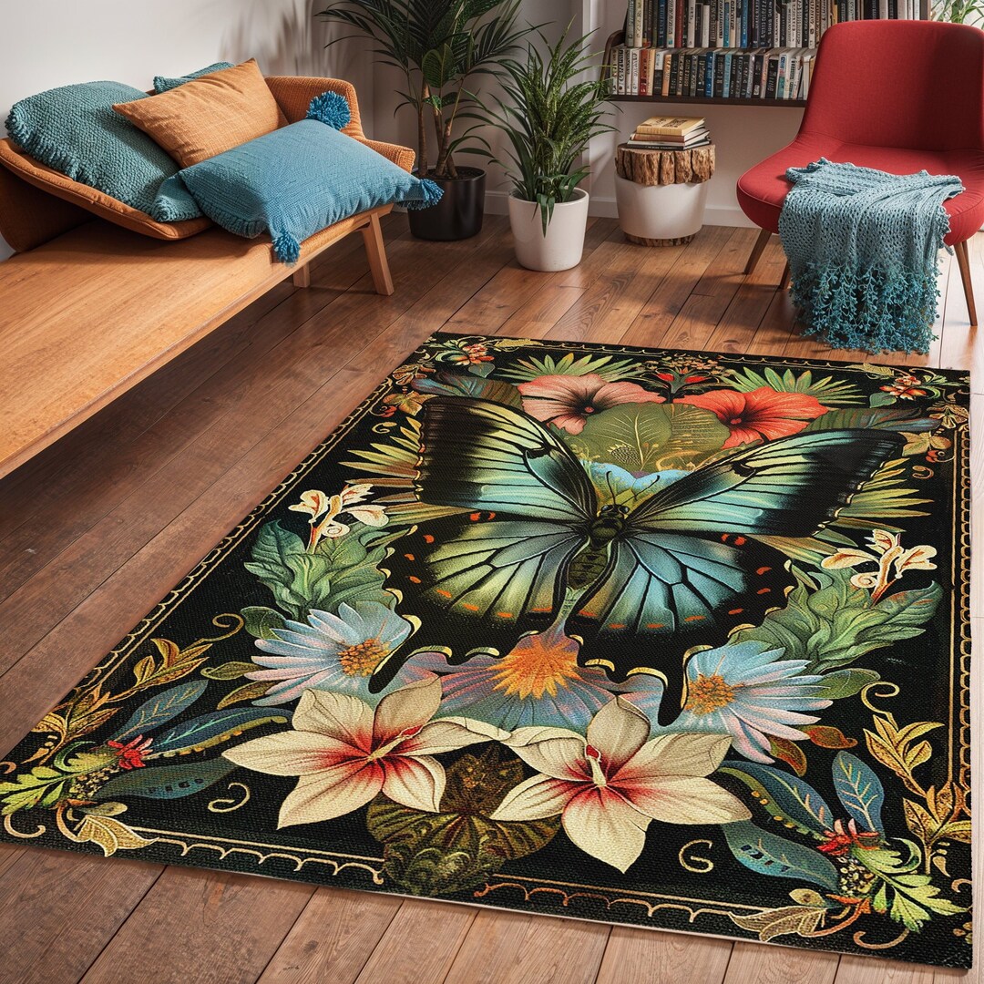 Green Hairstreak Butterfly Area Rug: Cottagecore Art Deco Carpet - Etsy