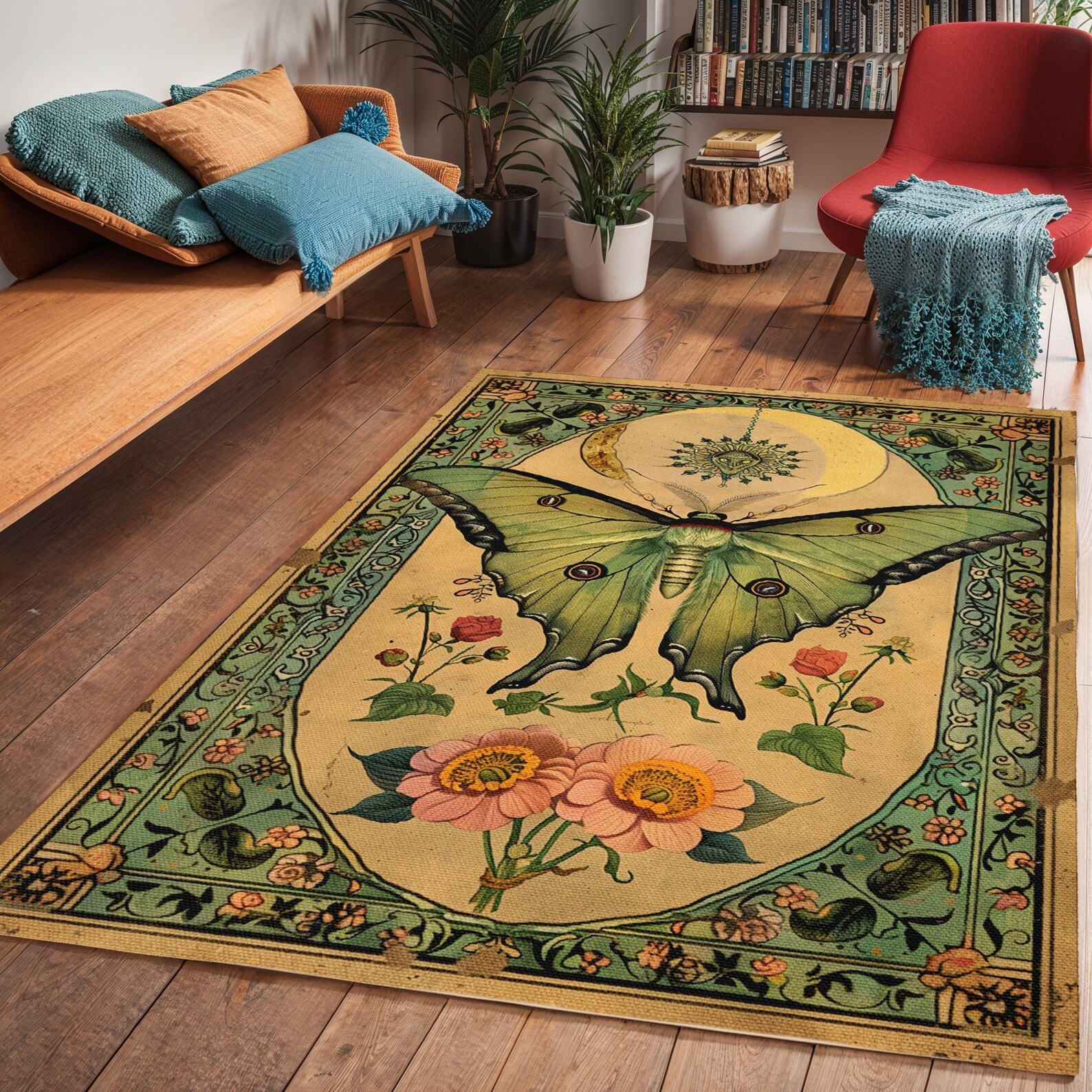 Floral Luna Moth Area Rug: Cottagecore Butterfly Art Deco Carpet - Etsy