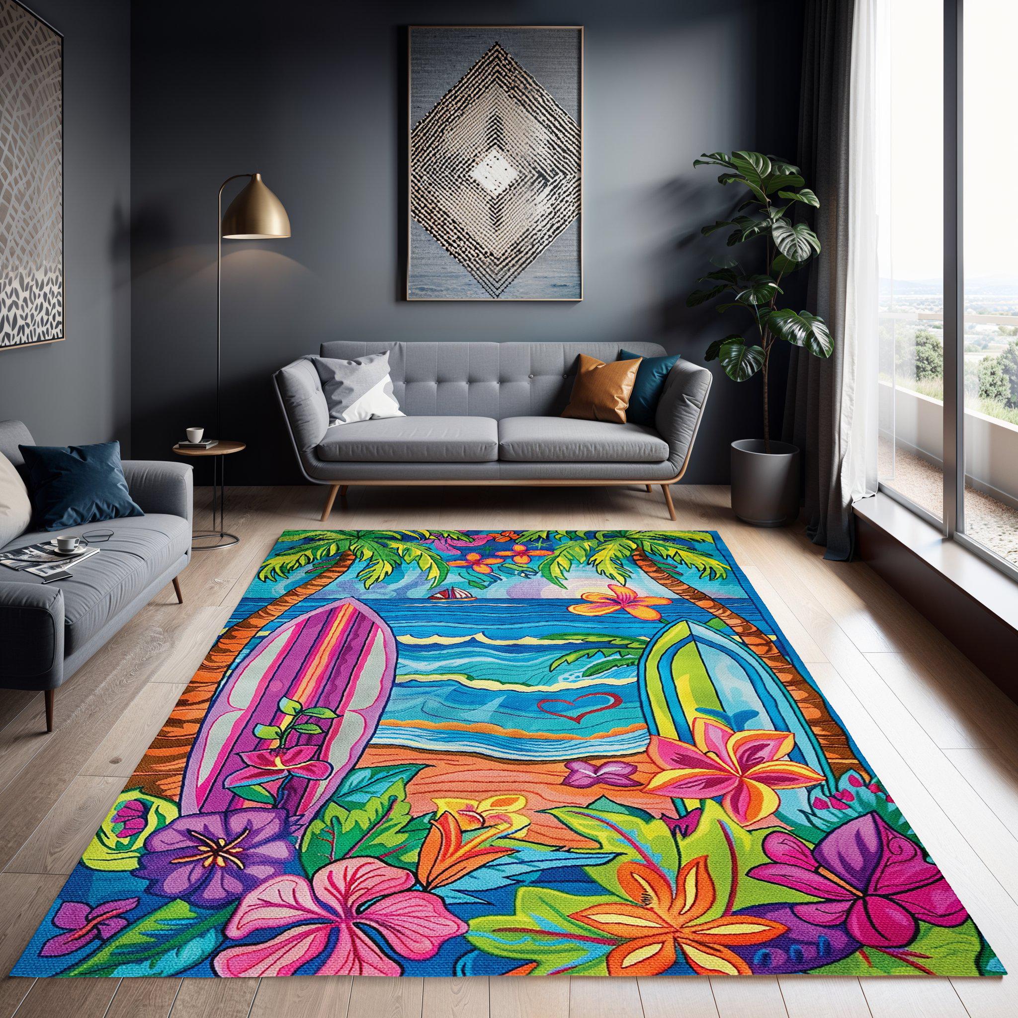 Hawaiian Art Area Rug, Indoor Beach House Art Deco Rug, Surf Boards ...