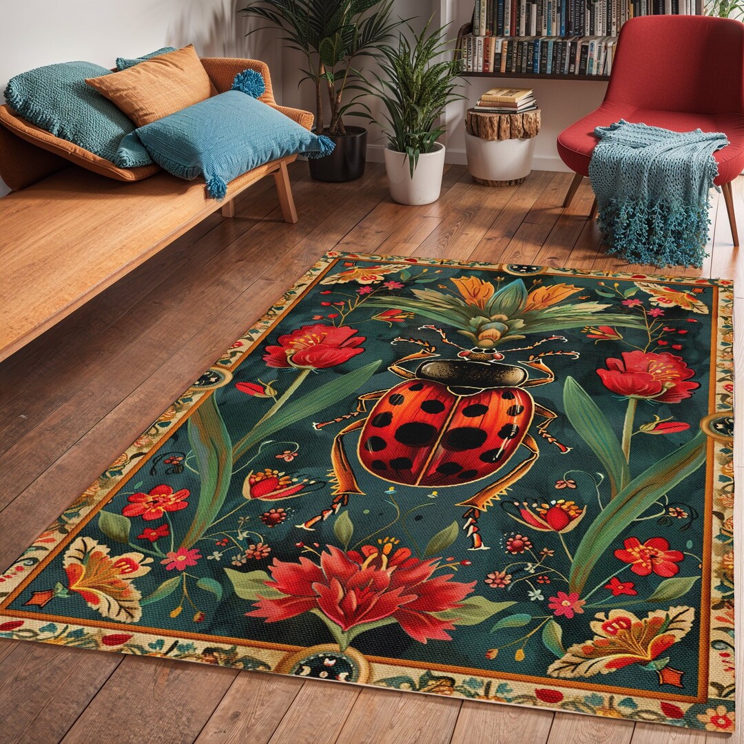 Cottagecore Lady Bug Area Rug, Colorful Living Room Art Deco Rug ...
