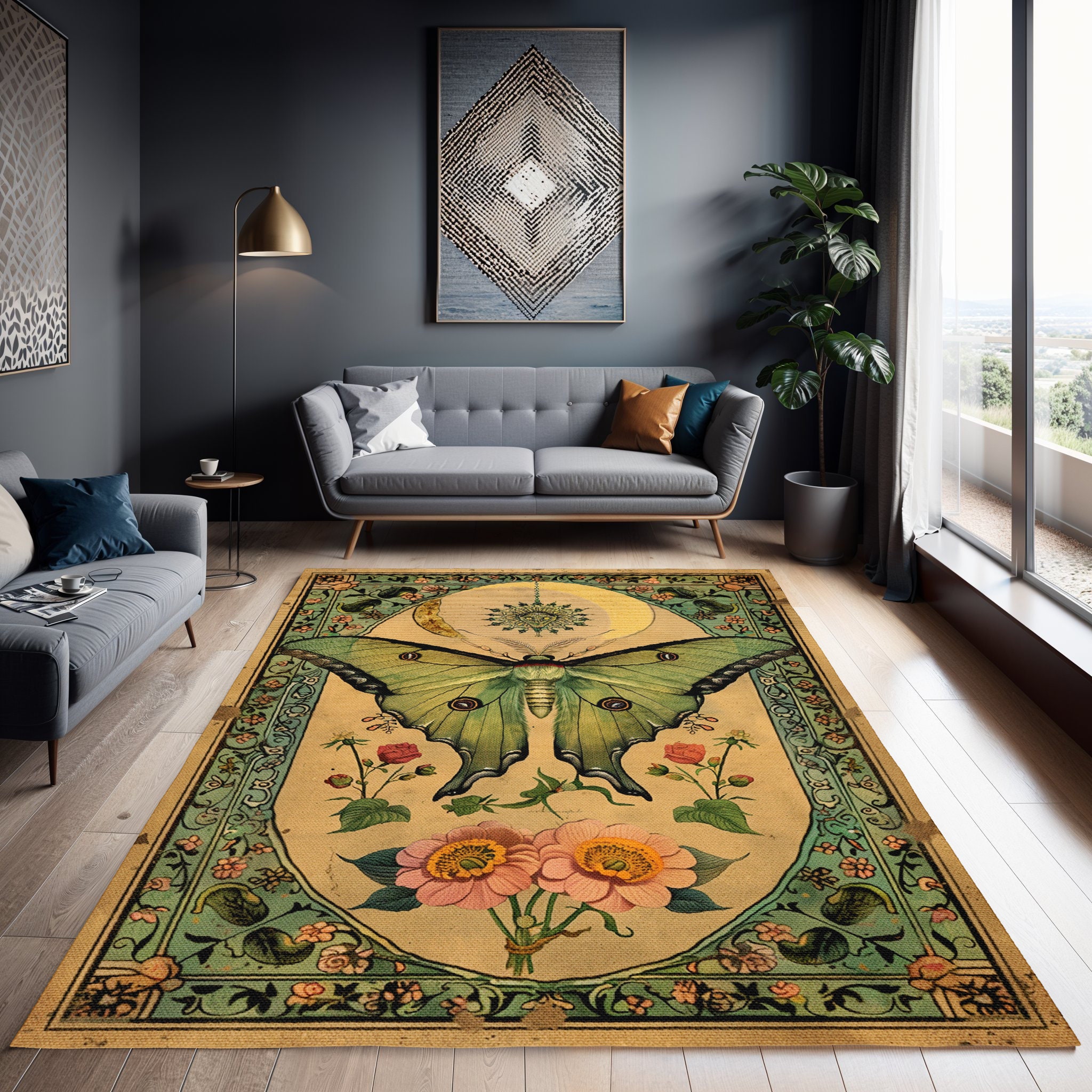 Floral Luna Moth Area Rug: Cottagecore Butterfly Art Deco Carpet - Etsy