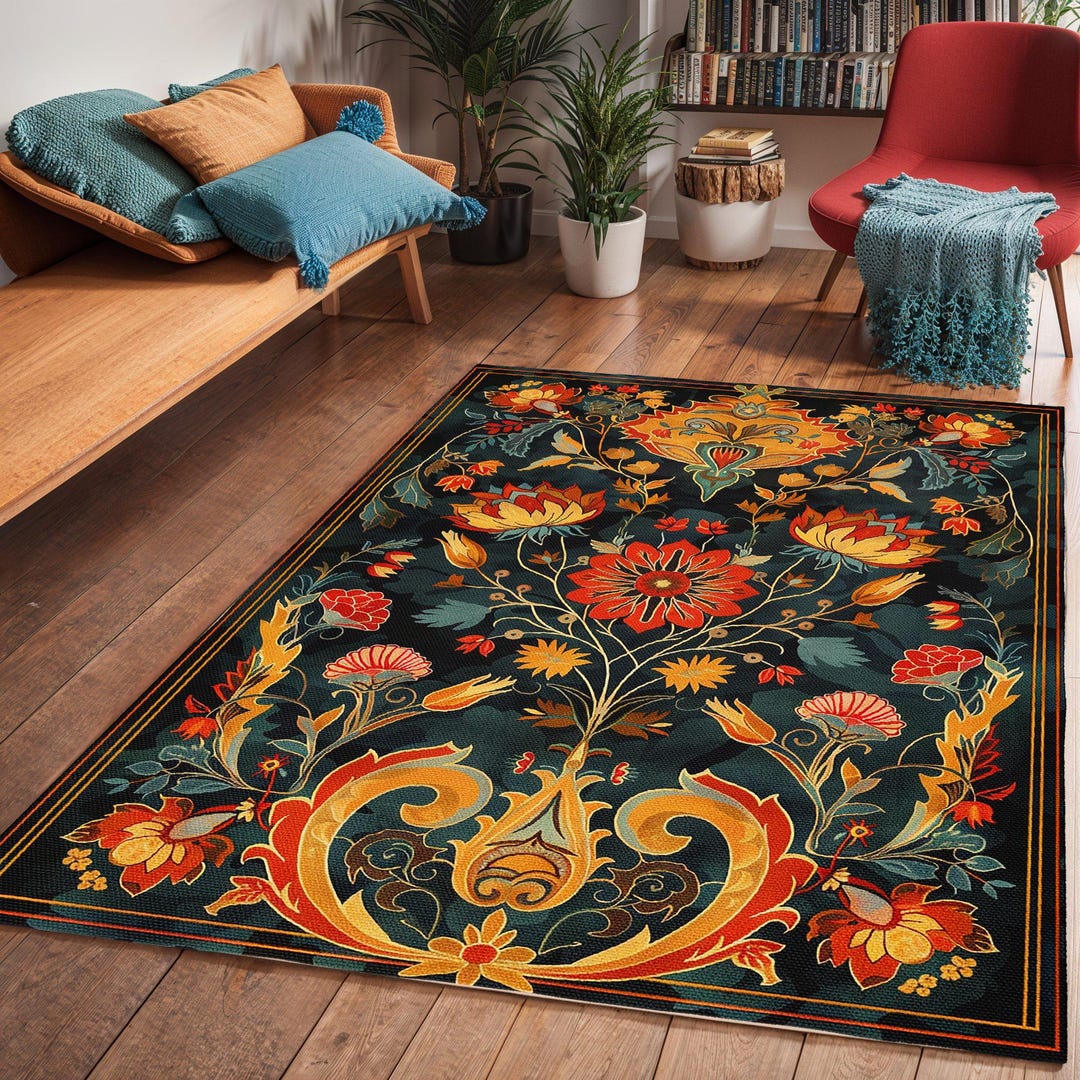 Modern Orange Floral Area Rug, Contemporary Living Room Art Deco Rug ...