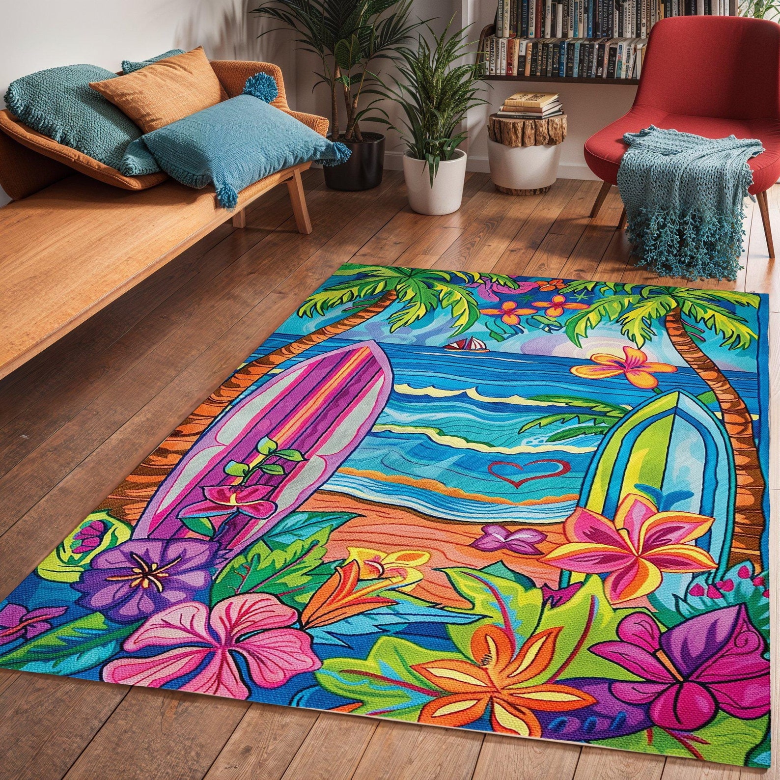 Hawaiian Art Area Rug, Indoor Beach House Art Deco Rug, Surf Boards ...