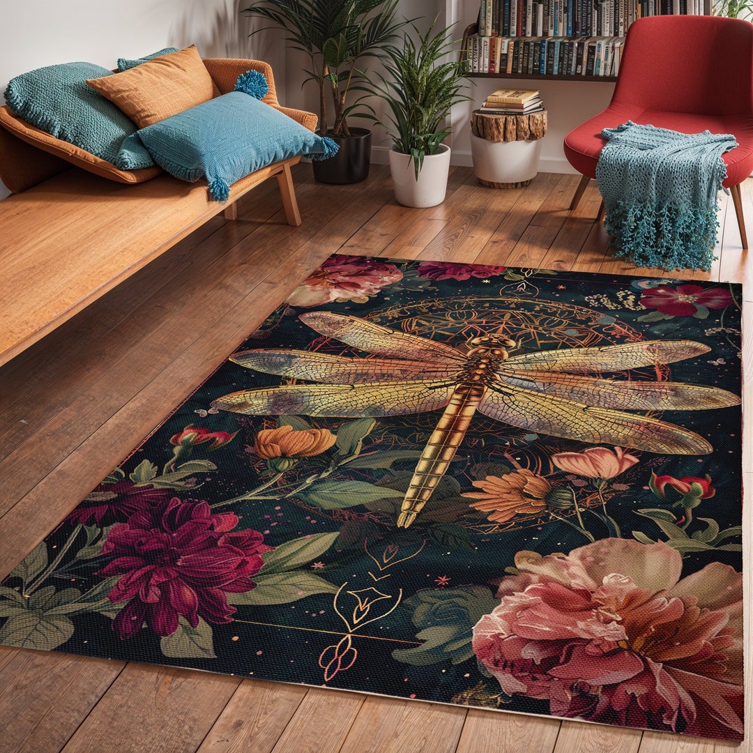 Golden Dragonfly Area Rug: Cottagecore Floral Art Deco Carpet - Etsy