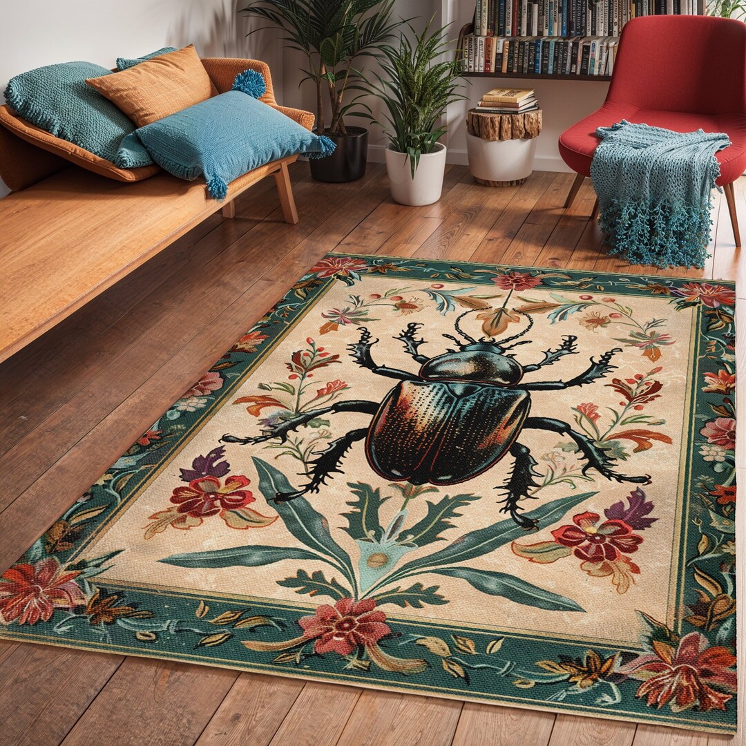 Rhino Beetle Area Rug, Cottagecore Living Room Art Deco Rug, Floral ...