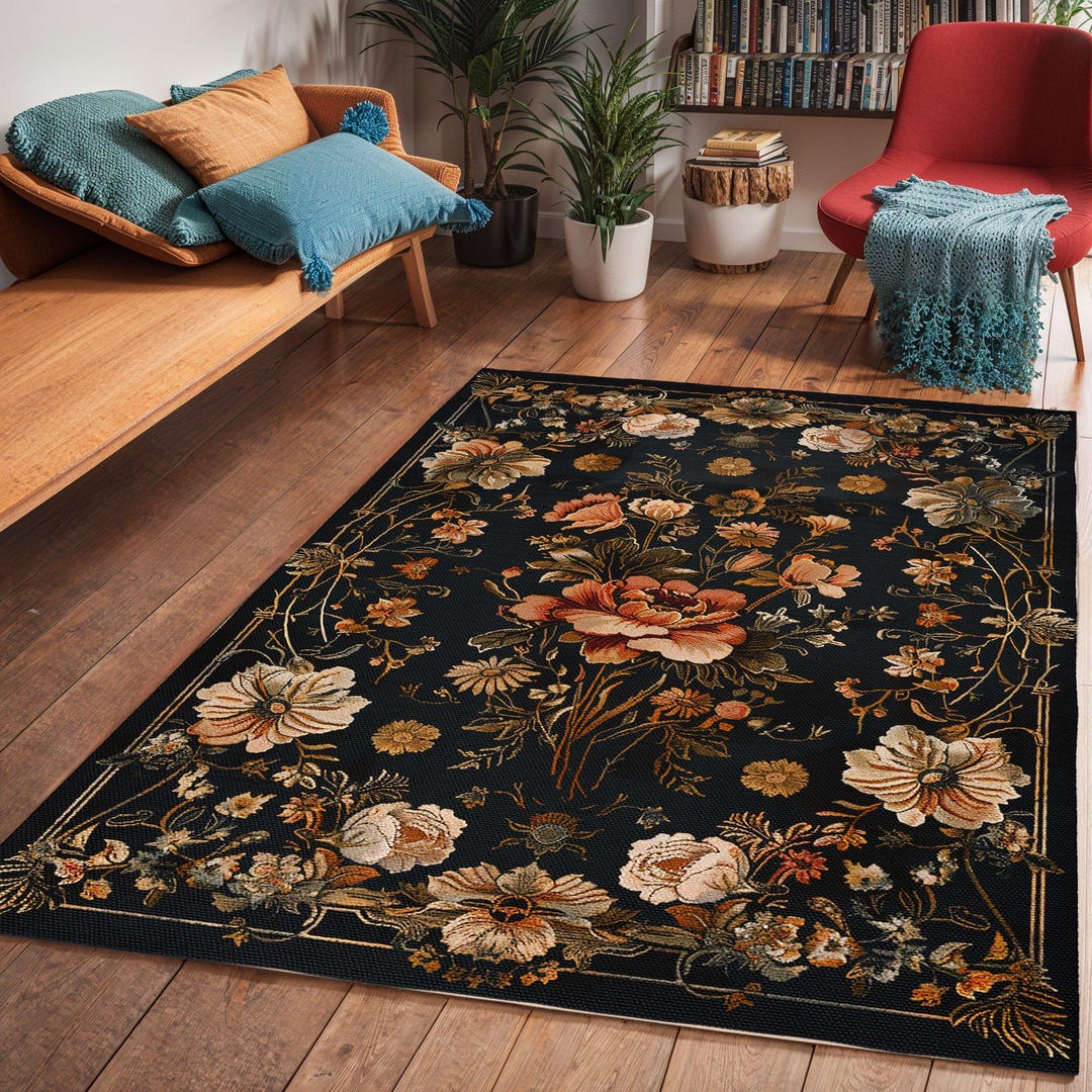 Rustic Victorian Floral Area Rug: Art Deco Living Room Carpet - Etsy