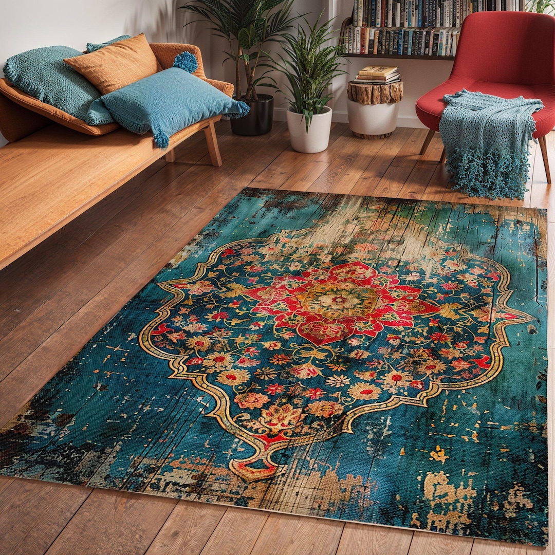 Classic Persian Area Rug, Retro Mancave Floor Decor, Faded Living Room ...