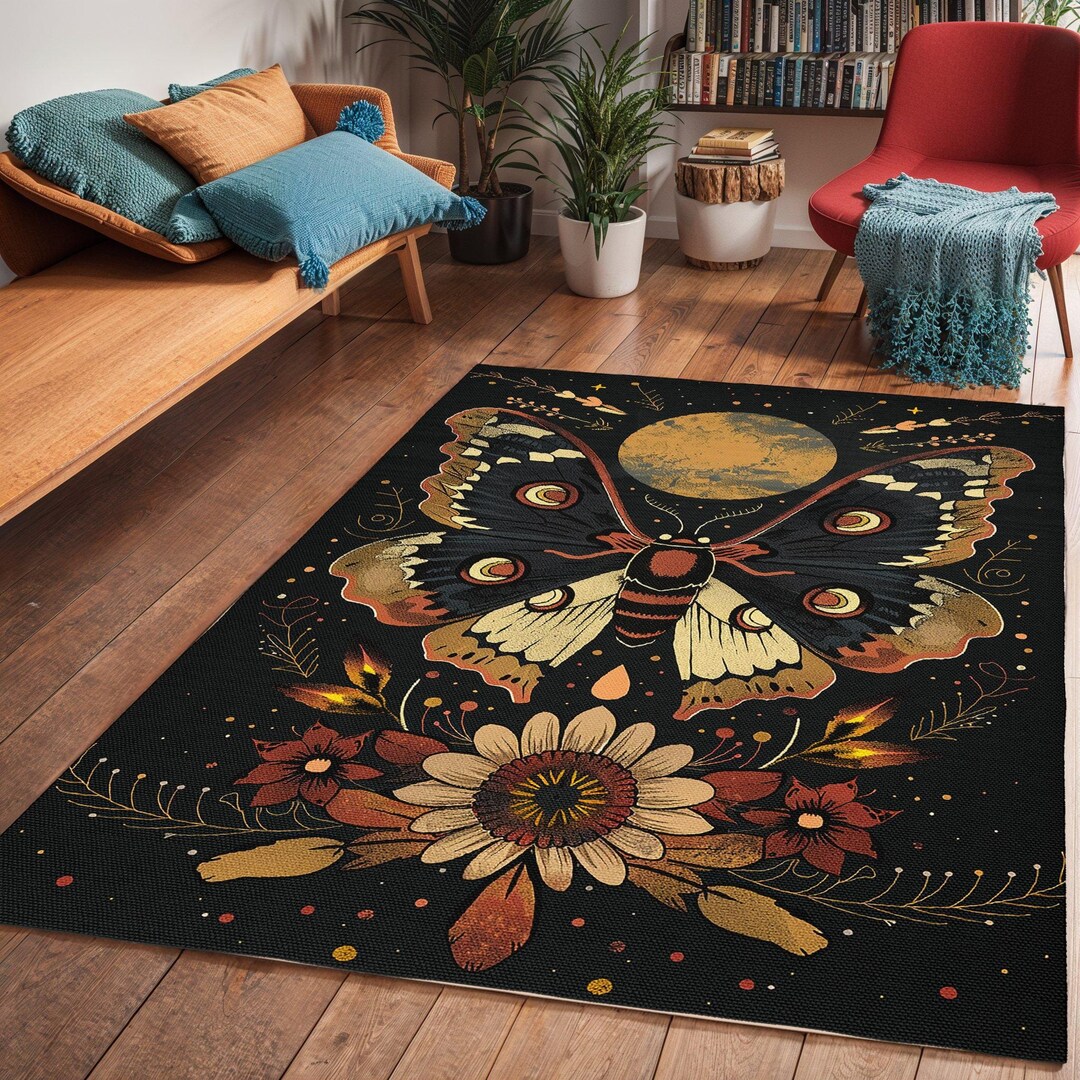 Cottagecore Moth Area Rug, Classic Living Room Art Deco Rug, Rustic ...